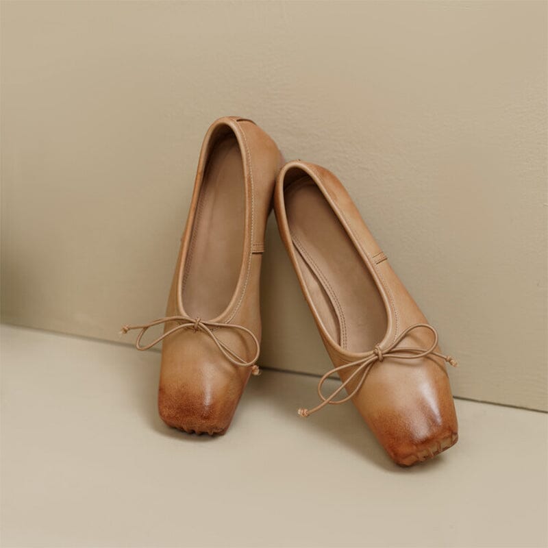 All Leather Ballet Flats with Bow Square Toe in Black/Apricot – Dwarves ...