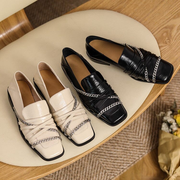 Retro Leather Soft Loafers for Women with Metal Chain Square Toe in Be ...