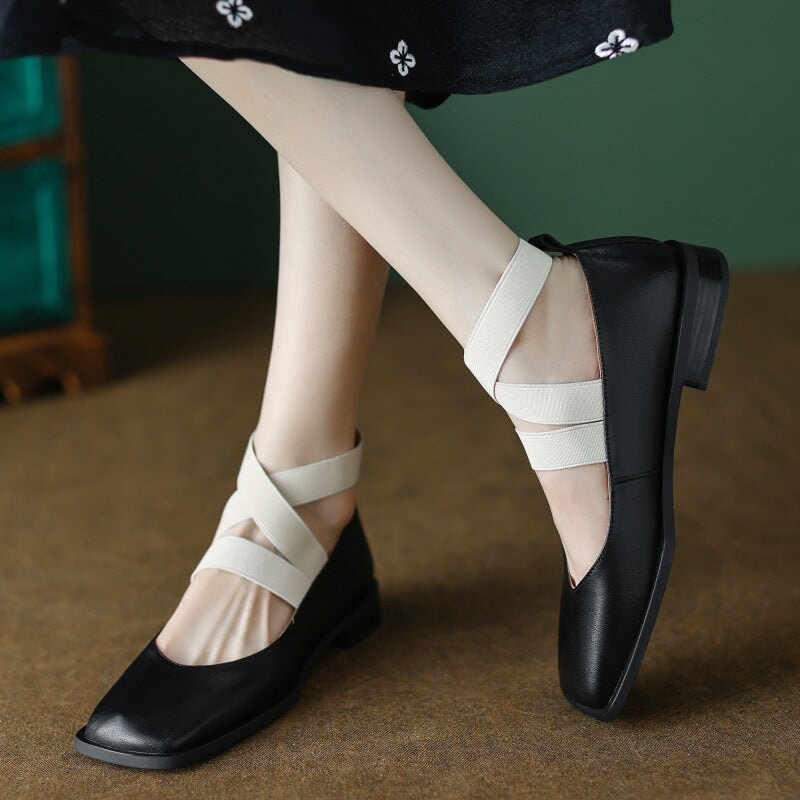 Handmade Square Toe Leather Mary Jane Shoes with Cross-strap Detail in ...