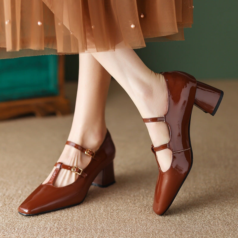 Leather T strap Detail Mary Jane Pumps Block Heel Square Toe in Red/Br ...