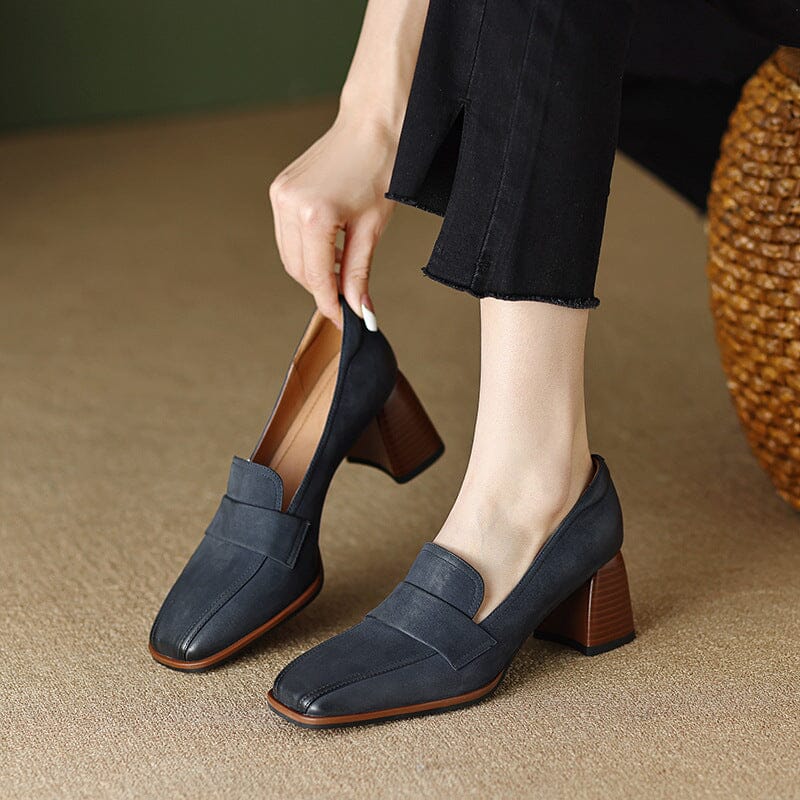 Women's Handmade Retro Square-Toe Block-Heel Loafers in Blue/Apricot ...