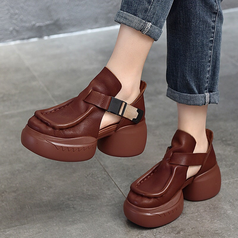 Genuine Leather Platform Sandals Side Button Retro Block Heel in Brown ...