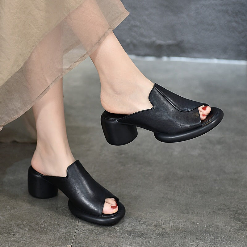 Handmade Genuine Leather Summer Slippers Block Heel in Black/Apricot ...