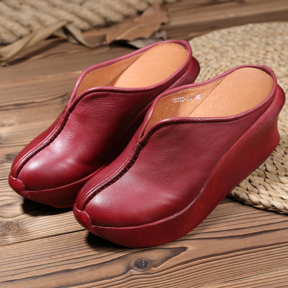 Women Handmade Retro Leather Platforms Wedges Slippers Red/Coffee ...