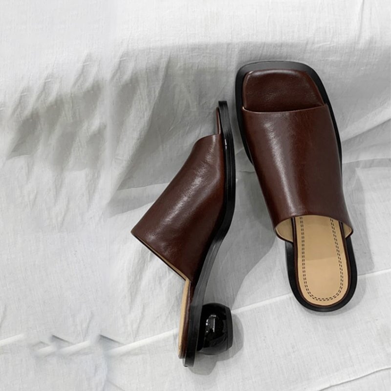 Handmade Genuine Leather Summer Slippers Block Heel in Red/Black ...